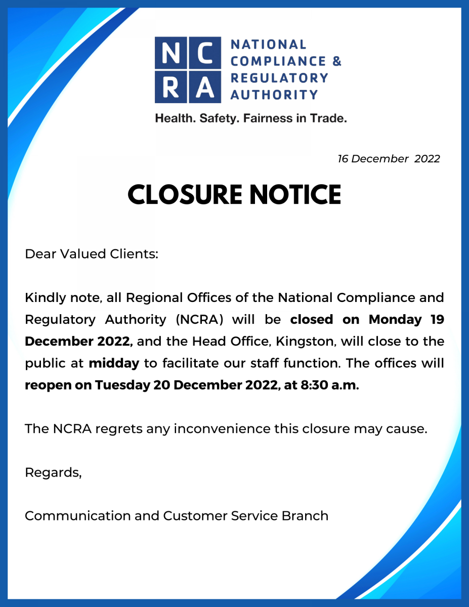 Closure Notice! | National Compliance and Regulatory Authority