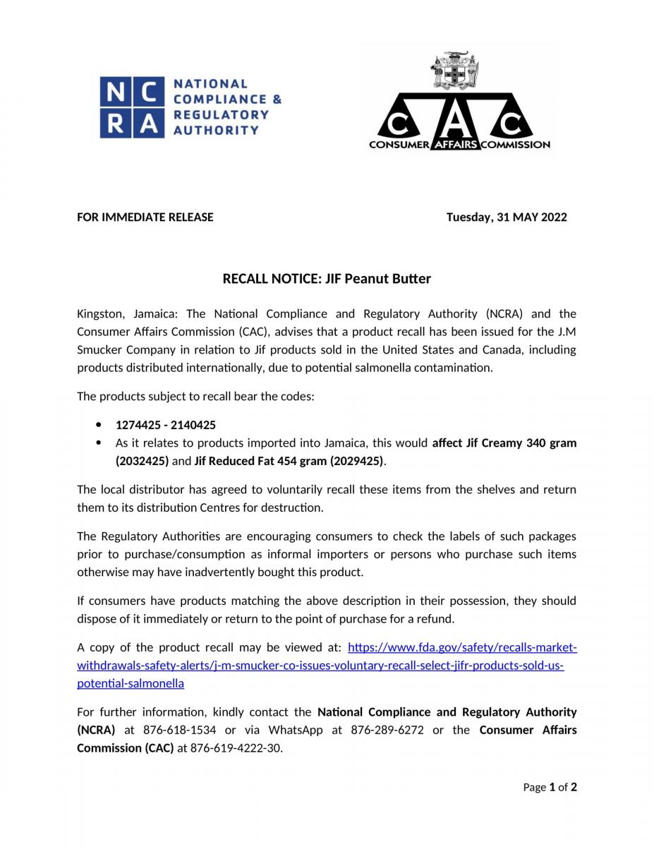 FOR IMMEDIATE RELEASE - RECALL NOTICE: JIF Peanut Butter | National ...